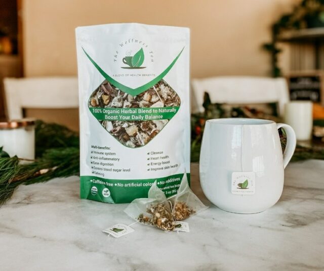 The Wellness Tea is an organic, certified herbal tea with health benefits